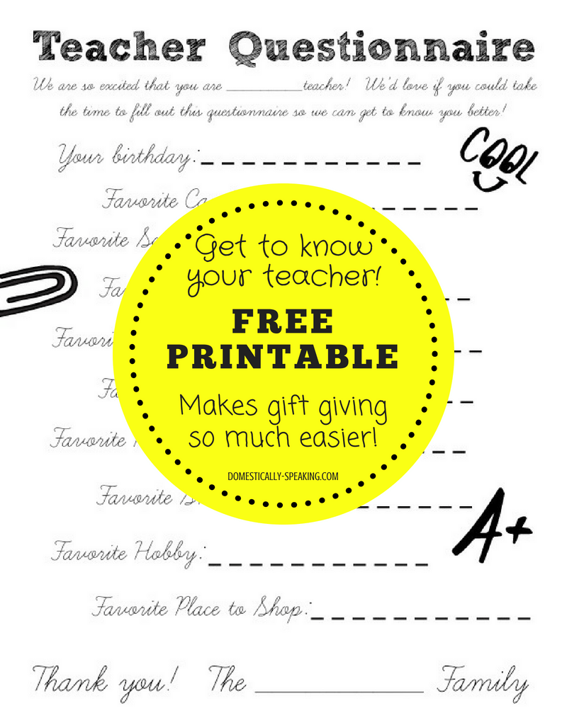 Teacher Gift Questionnaire Printable - Domestically Designed